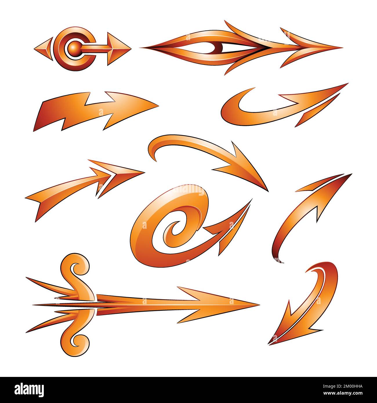 Illustration of Various Shaped Curvy Orange Arrows isolated on a White ...