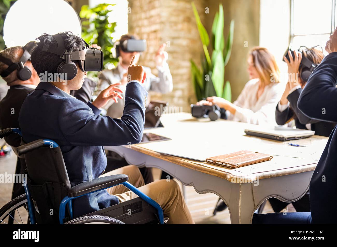 business people using augmented reality headset for a virtual meeting ...