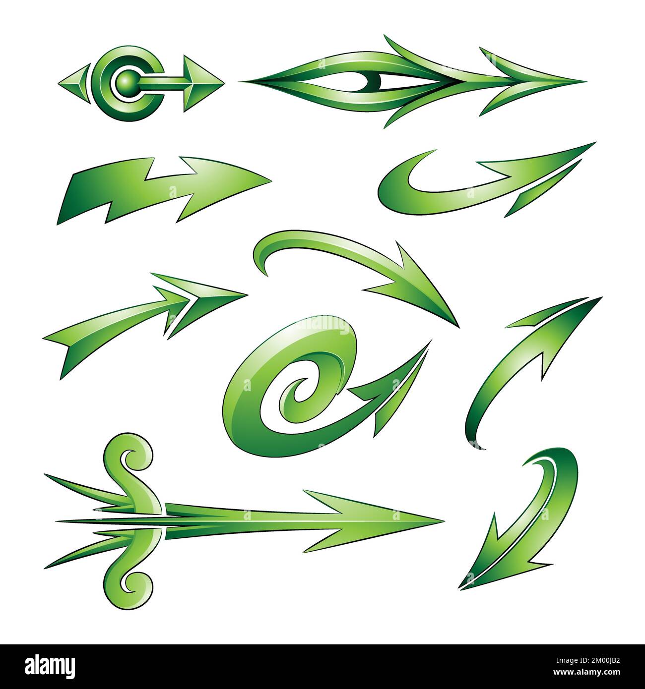 Illustration of Various Shaped Curvy Green Arrows isolated on a White ...