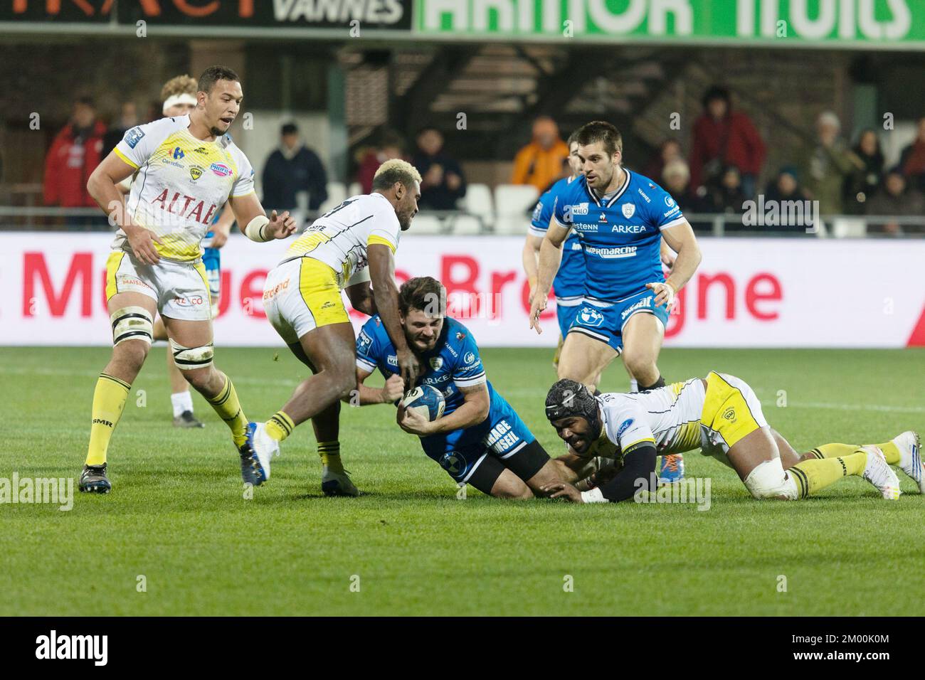 Vannes, France. 02nd Dec, 2022. Théo Costosseque of Vannes is tackled ...