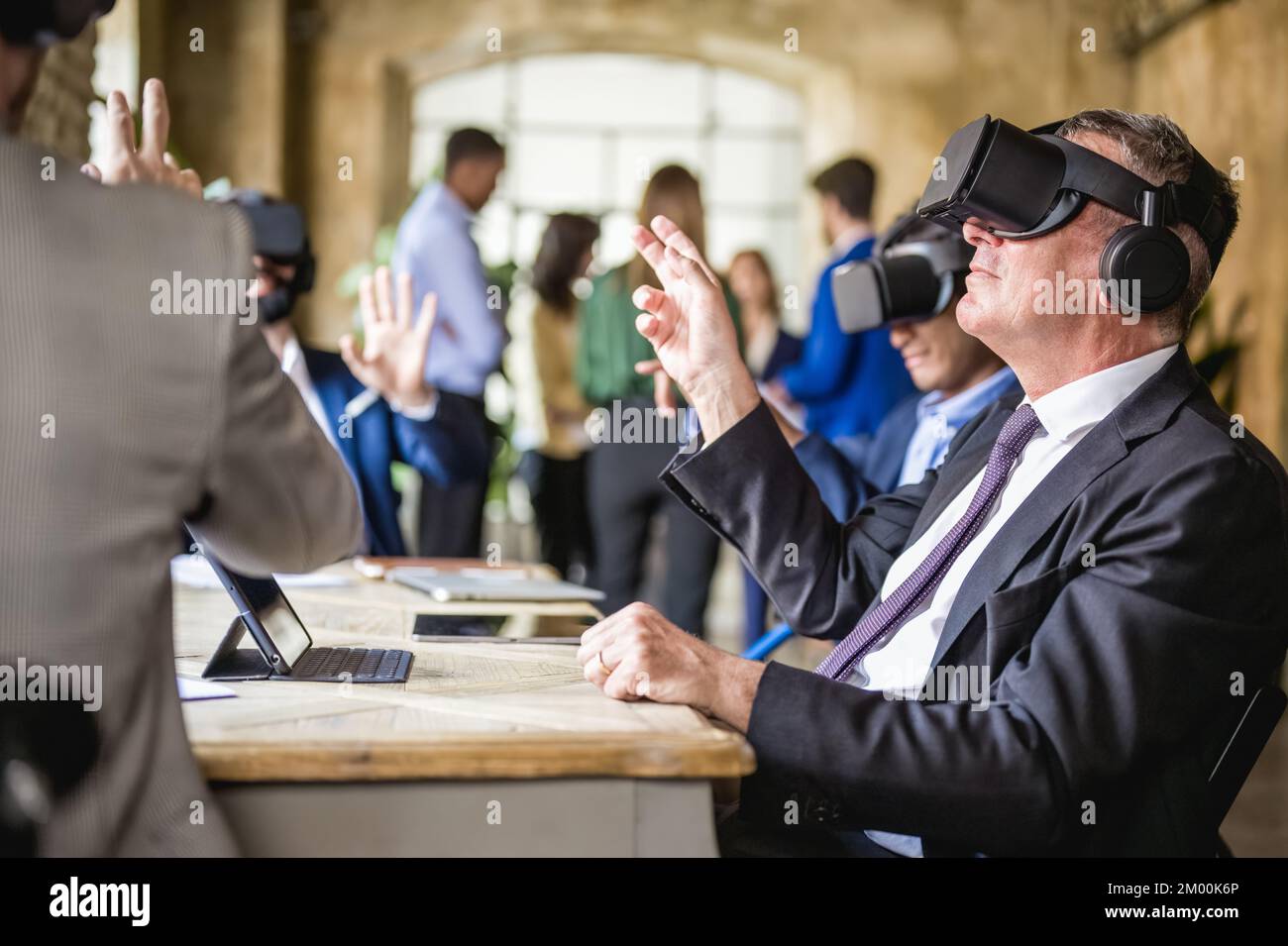 business people using augmented reality headset for a virtual meeting ...