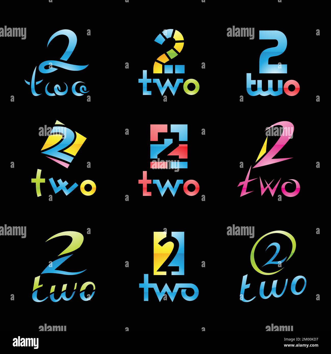 Colorful Glossy Number 2 Icons on a Black Background Stock Vector Image ...