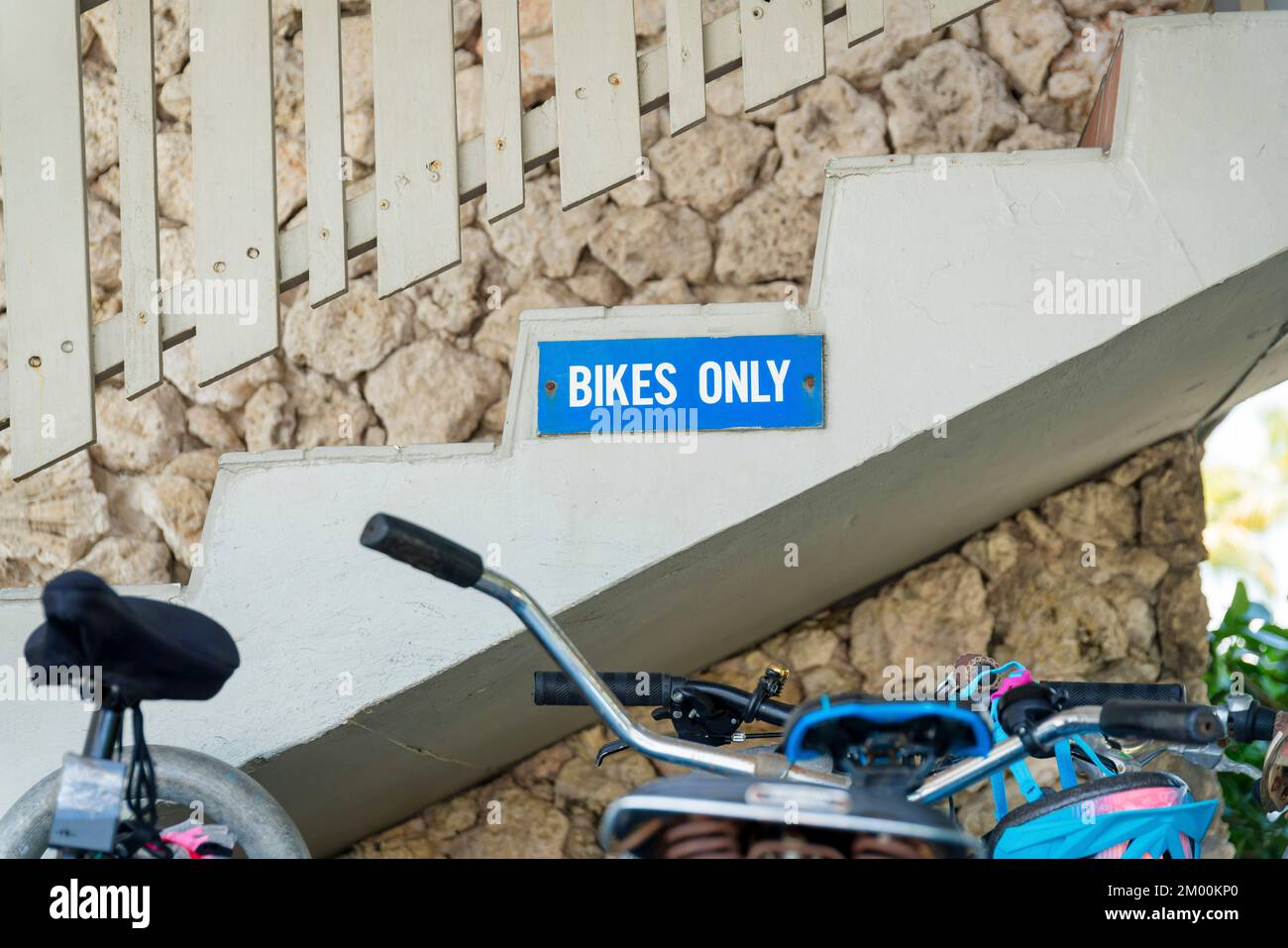 Bikes below the stairs with blue Bikes Only sign at the side of the ...