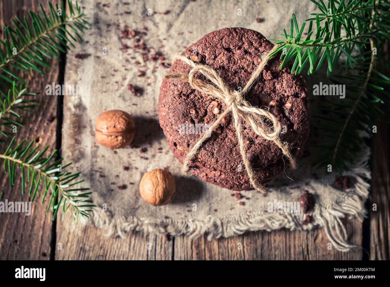 Traditionally and sweet chocolate cookies on rustic style. Little ...
