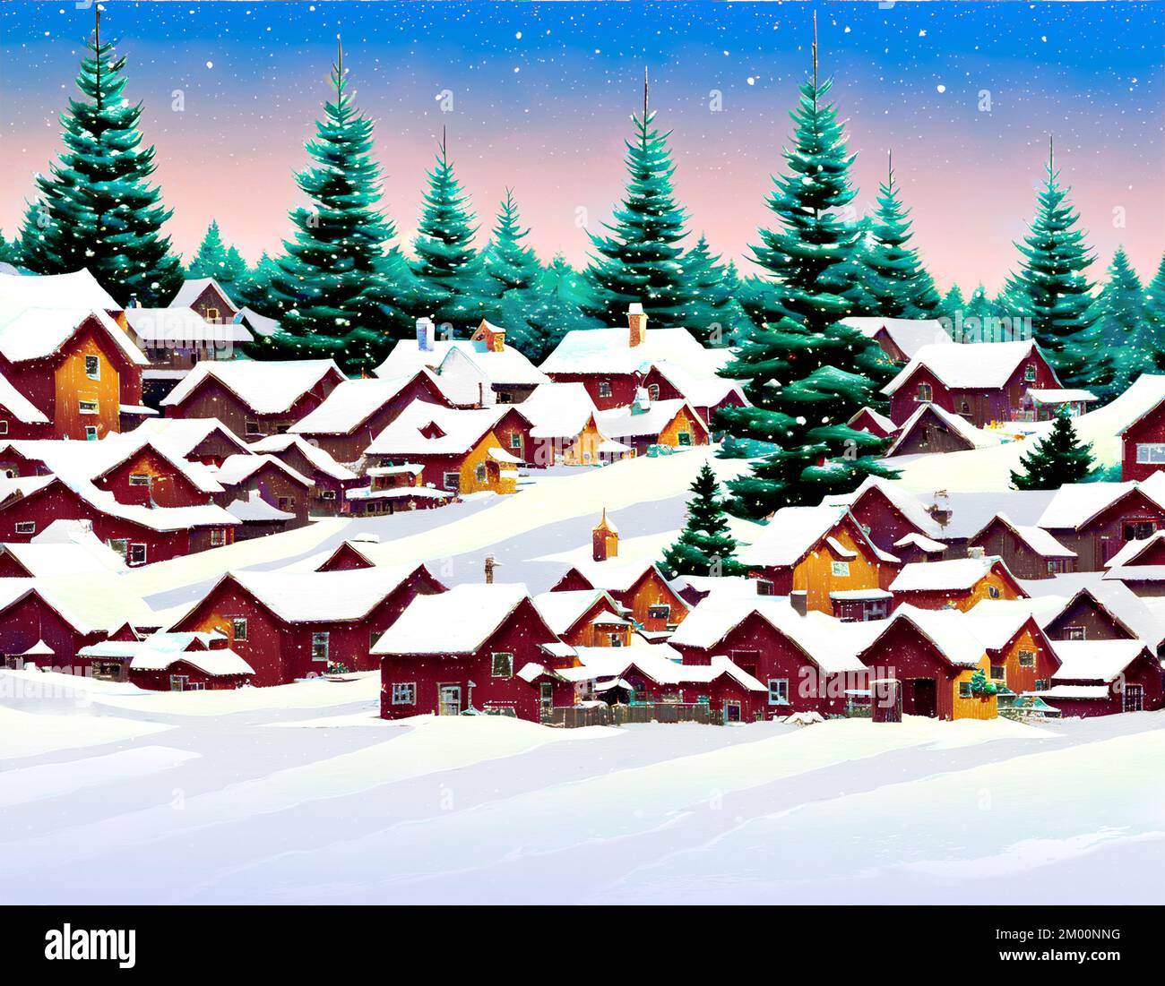 Snow-covered village - digital illustration Stock Photo - Alamy