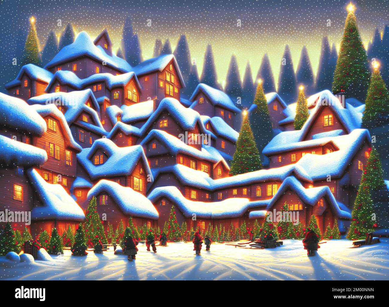 Snow-covered houses and Christmas trees Stock Photo - Alamy