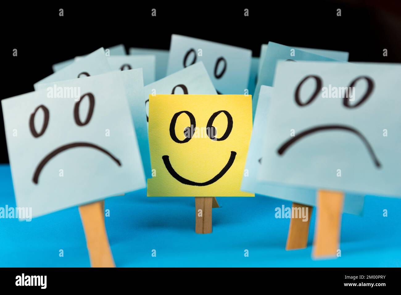 Sticky notes with hand drawn Smiley face and Sad faces. Positive way of ...