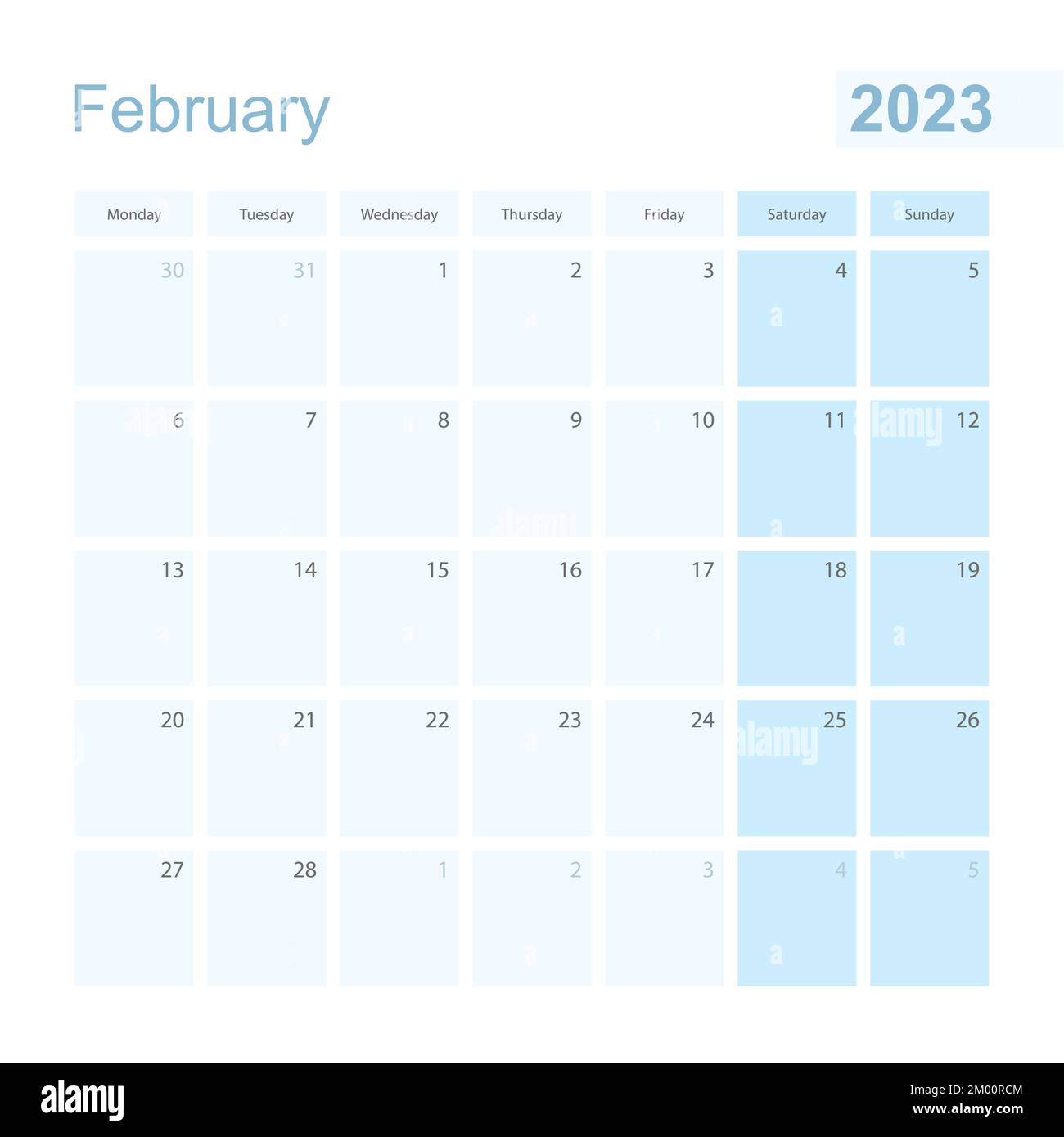 2023 February wall planner in blue pastel color, week starts on Monday. Calendar for February ...