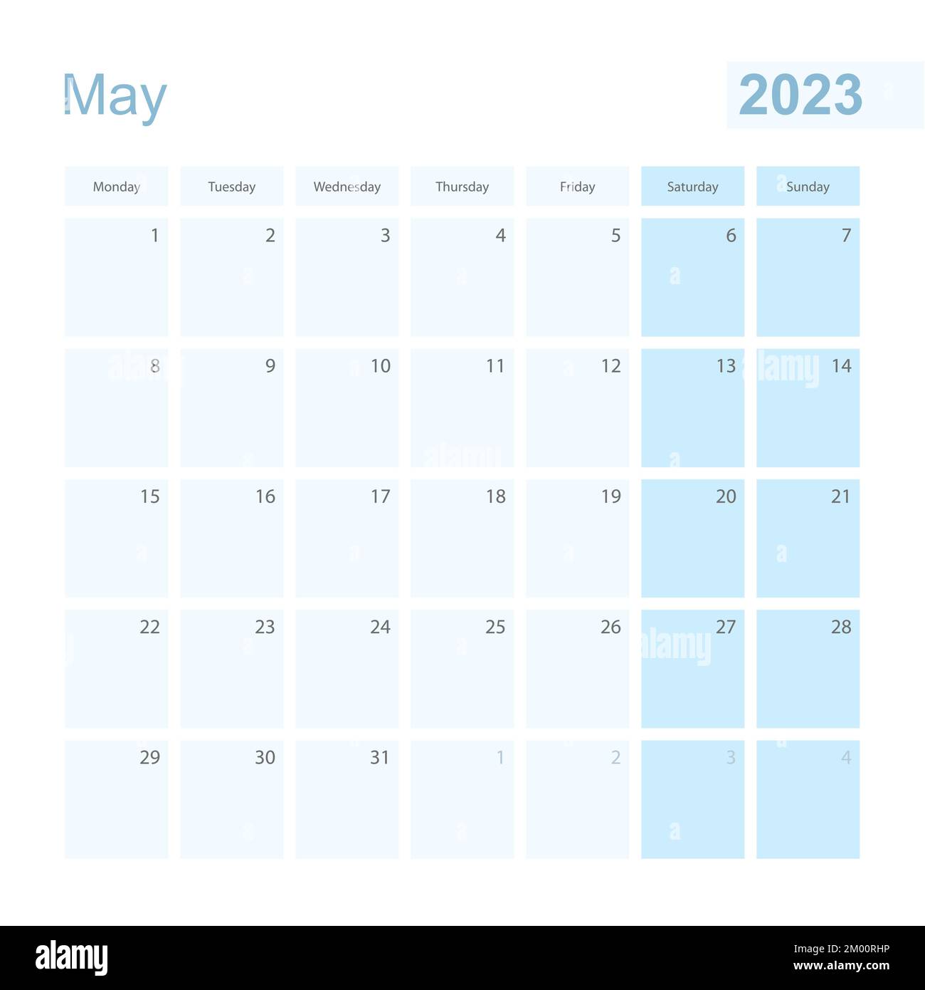 2023 May wall planner in blue pastel color, week starts on Monday ...