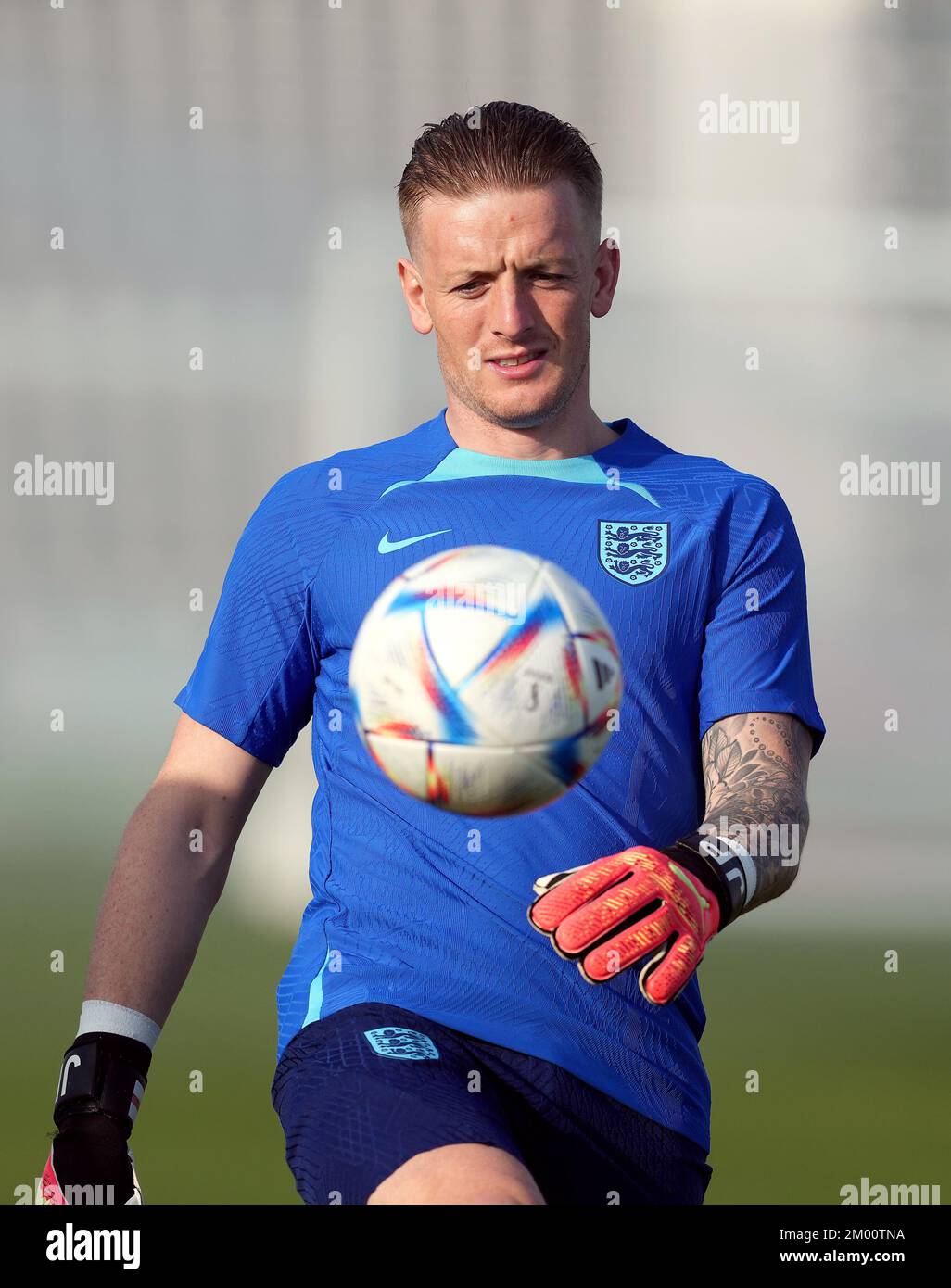 England goalkeeper Jordan Pickford during a training session at the Al ...