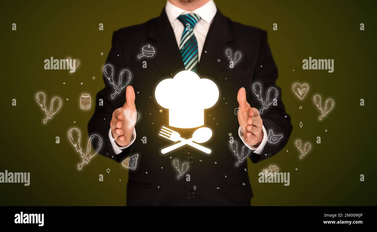 Hand holding food related icons Stock Photo - Alamy