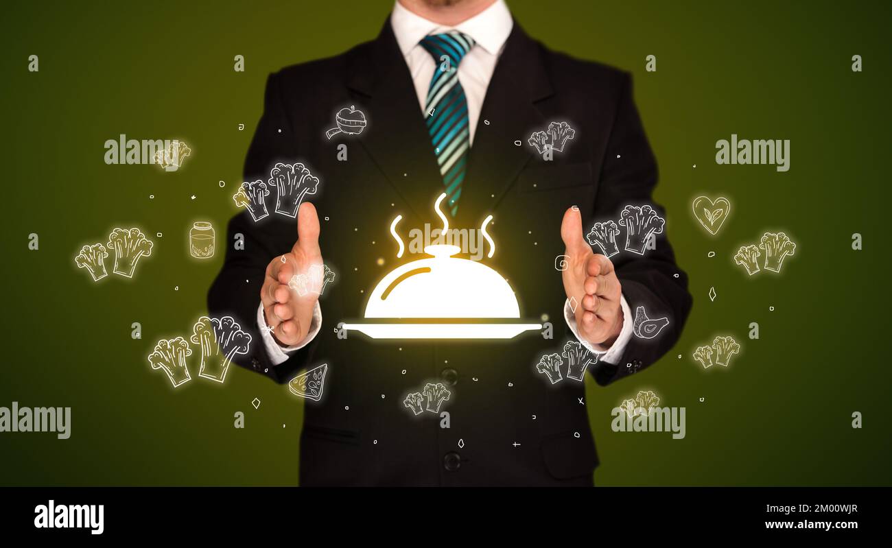 Hand holding food related icons Stock Photo - Alamy