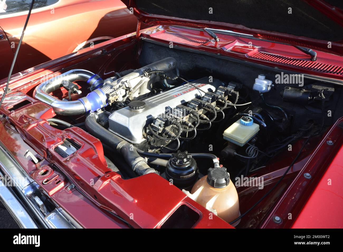 Engine of a six-cylinder Opal automobile at a vintage car exhibition ...