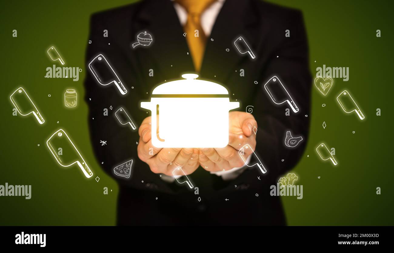 Hand holding food related icons Stock Photo - Alamy