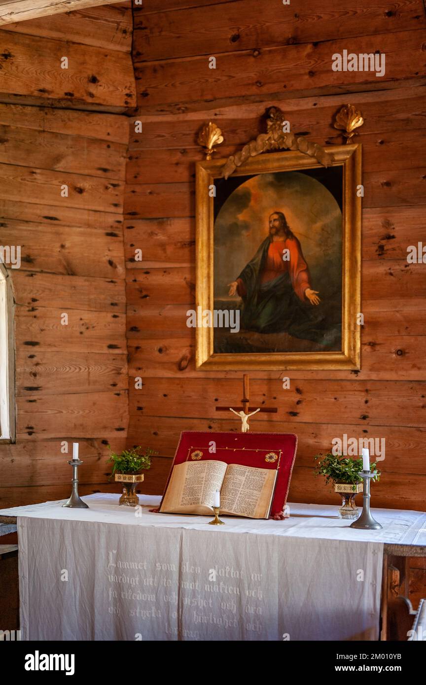 Ruhnu, Estonia,‎ August ‎3, ‎2022: Interior of historic wooden church ...