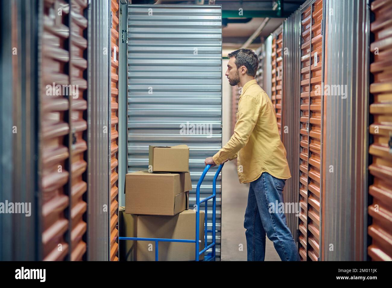 Side view of a focused warehouse loader pushing the loaded platform ...