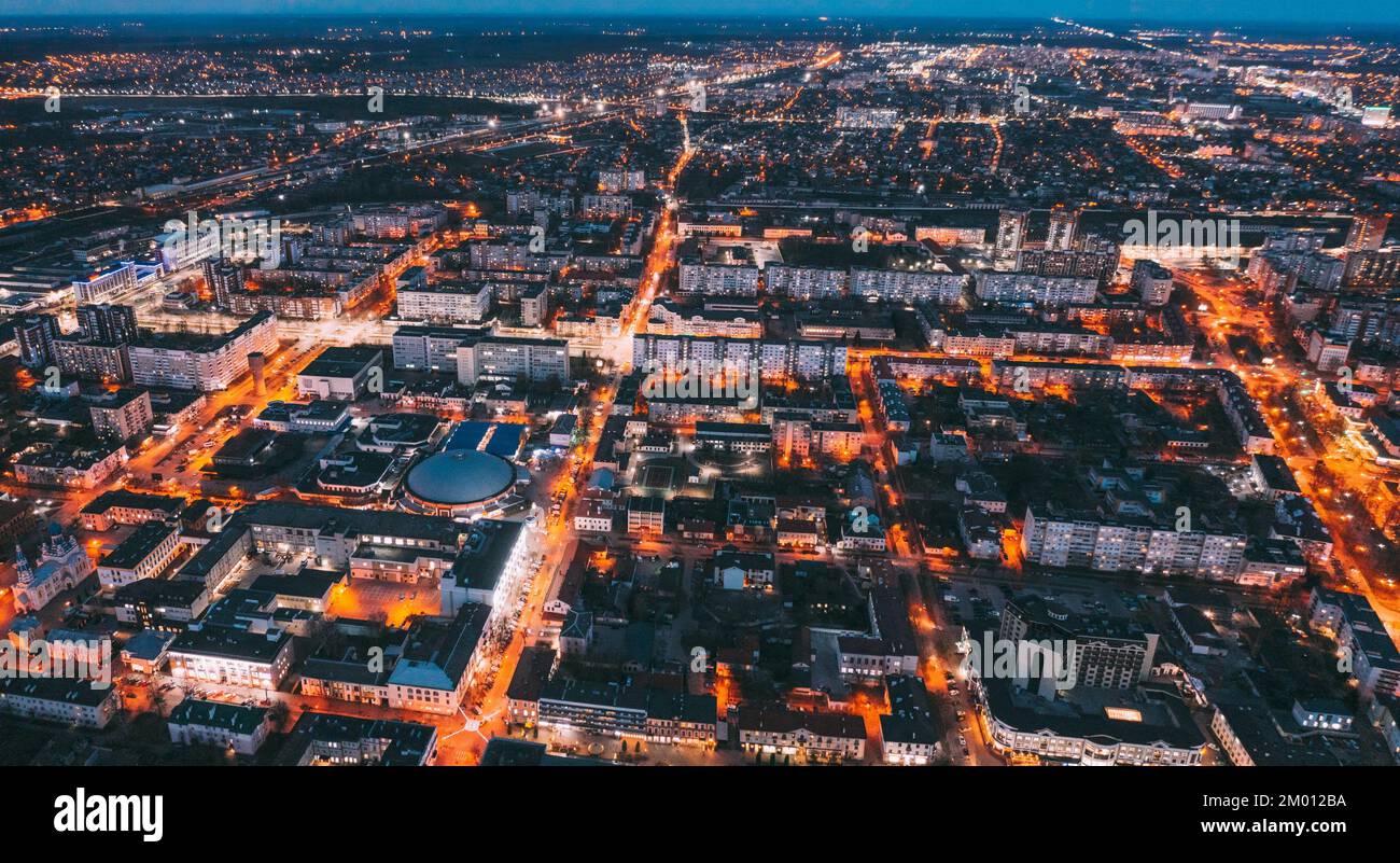 Brest, Belarus. Night Aerial Bird's-eye View Of Brest Cityscape Skyline ...