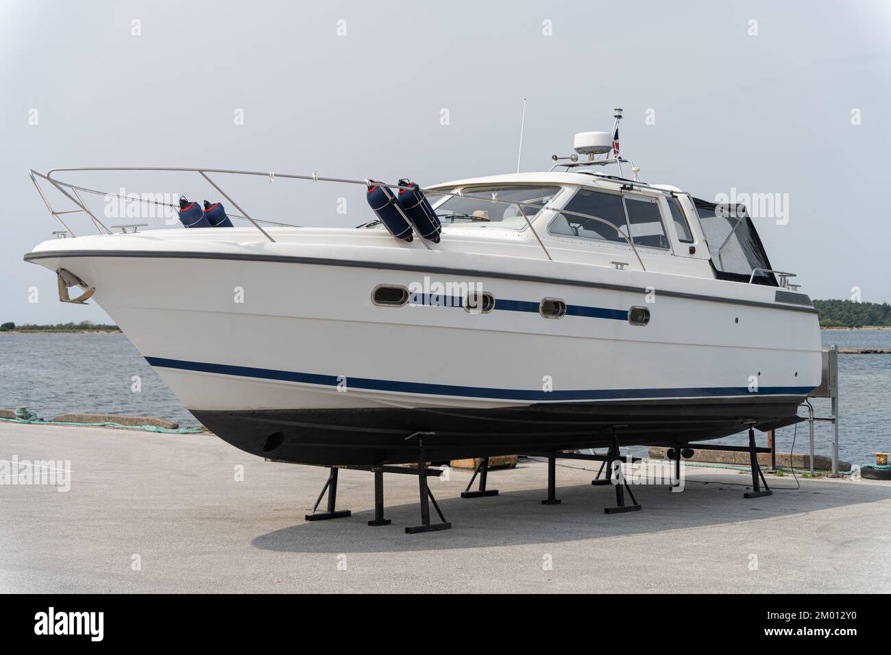 Image of Boat on stand on the shore, close up on the part of the yacht ...