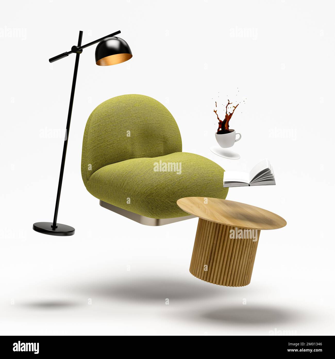 Zero gravity white interior living room 3D Illustration Stock Photo - Alamy