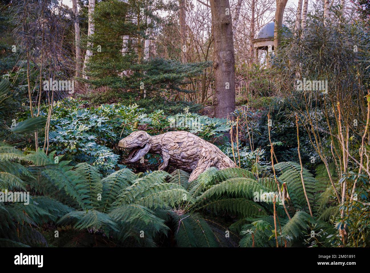 A wooden sculpture of Cretaceous dinosaur Tyrannosaurus Rex in ...