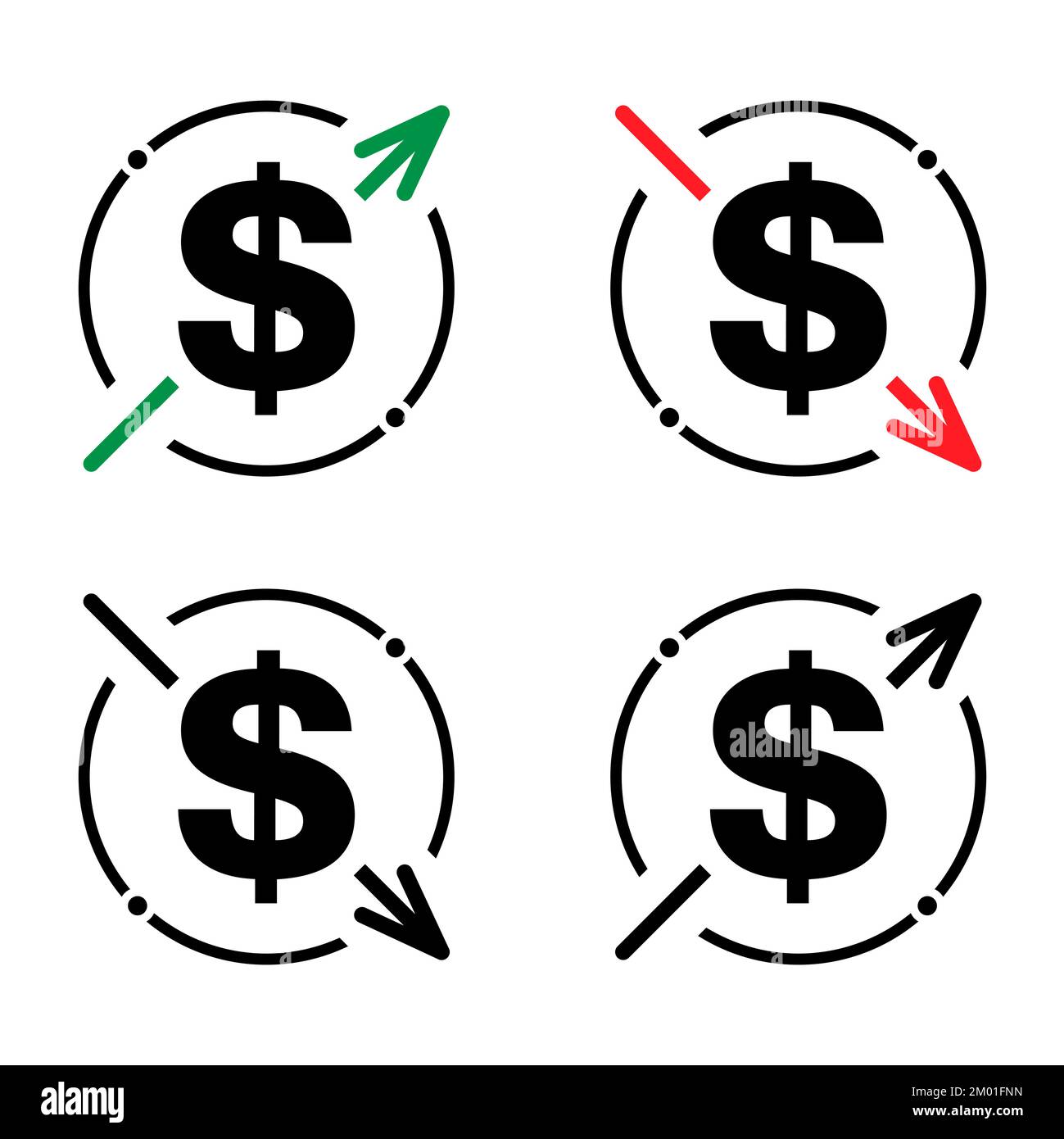 Set of cost symbol dollar increase and decrease icon. Money vector symbol isolated on background ...