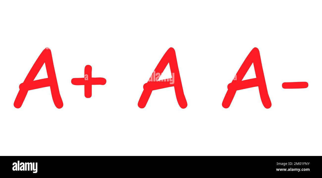Set of Grade result A. Hand drawn icon in red color. Test exam mark ...