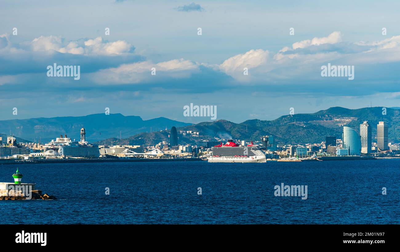 Valiant Lady - Virgin Voyages Cruise Ship at sea with Barcelona in the ...