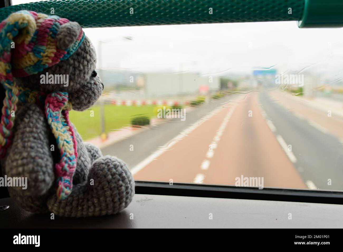 grey knited travel toy bear sit nera window in HongKong bus Stock Photo ...