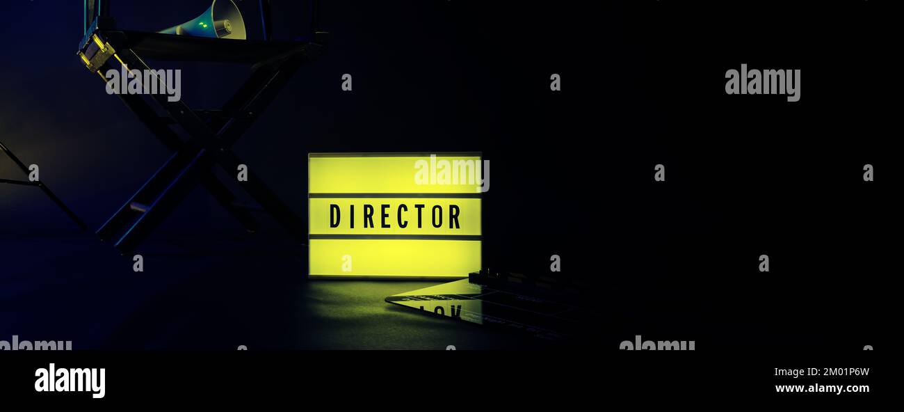 Director chair with cinema lightbox sign Director text on it and ...