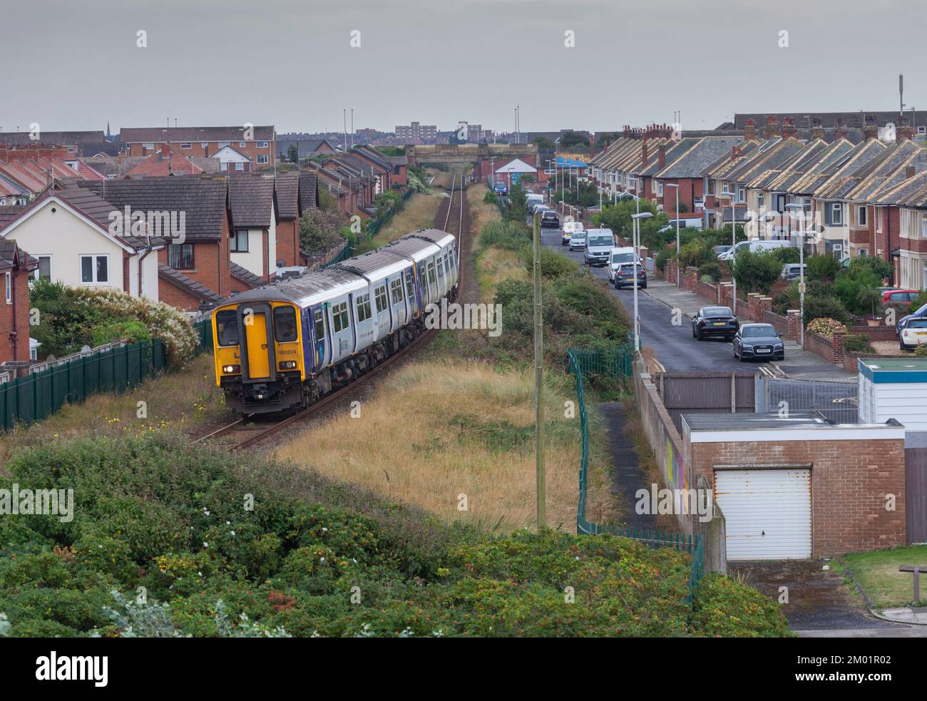 Northern Rail class 150 sprinter train on the single track south Fylde railway line to Blackpool ...