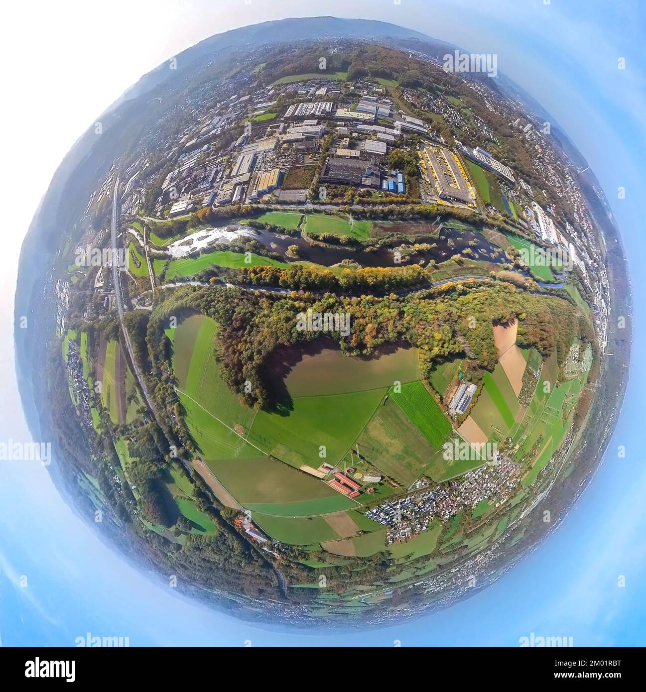 Aerial photo, river Lenne renaturation, industrial area Lennetal ...