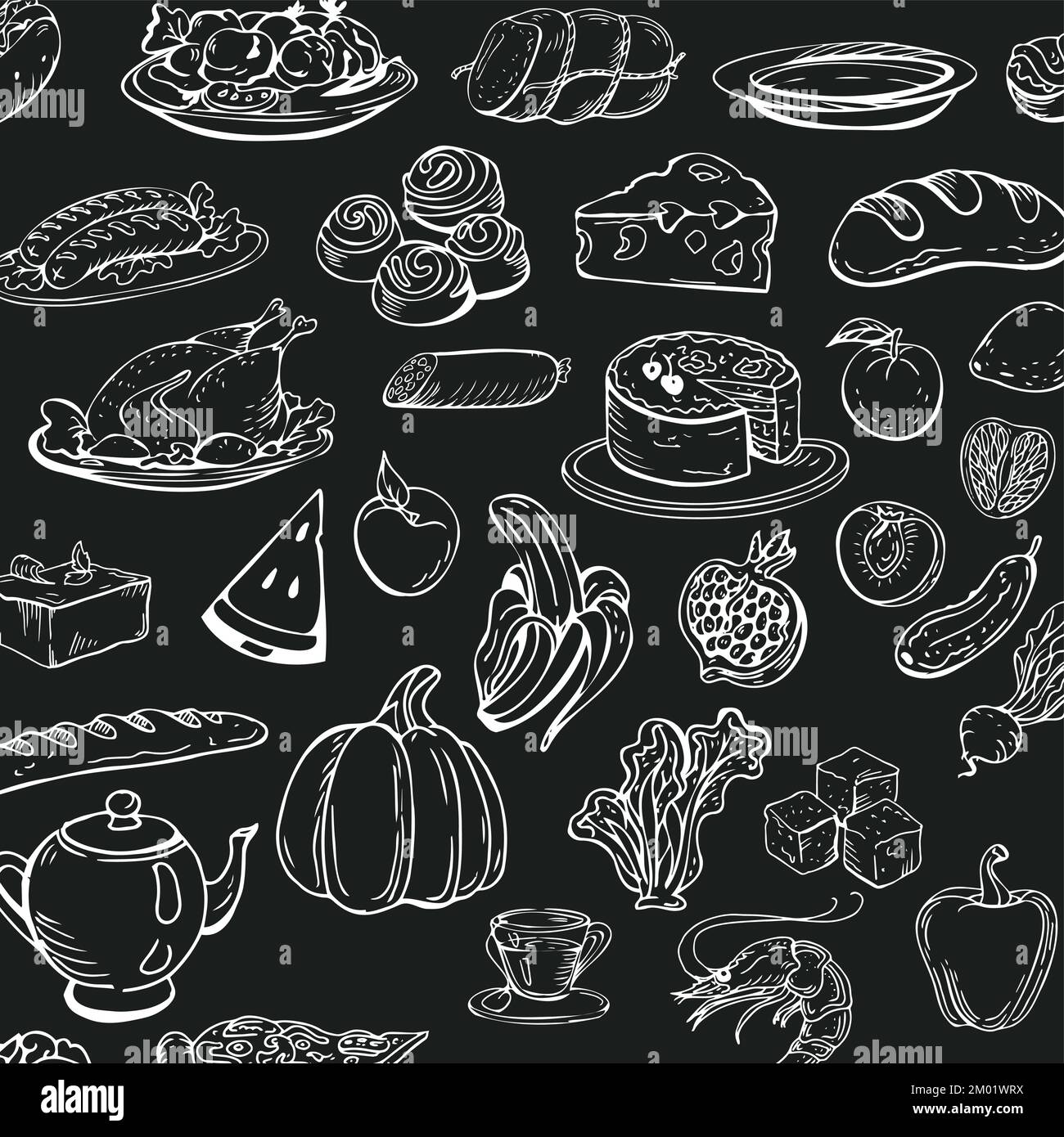 Farmer's market background with line icons. Fruits, vegetables, eggs ...