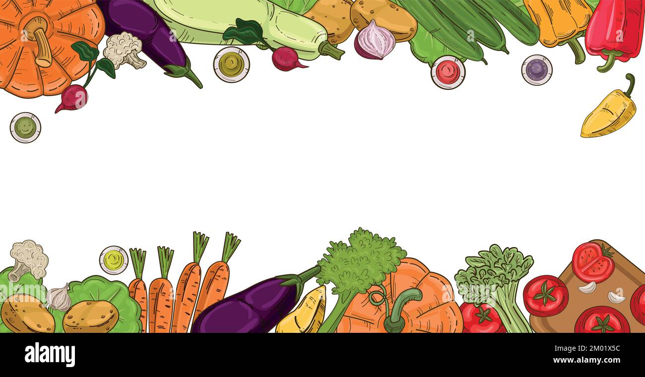 Panoramic white background set of eco vegetables - Vector illustration ...