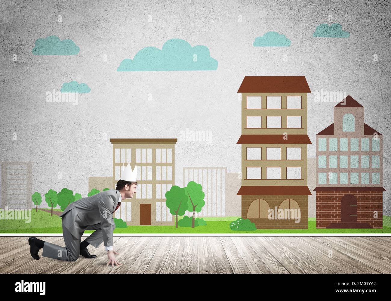 King businessman in elegant suit running and cityscape silhouette at ...