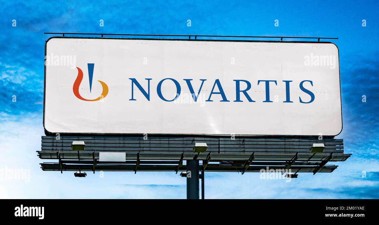 POZNAN, POL - OCT 28, 2022: Advertisement billboard displaying logo of ...