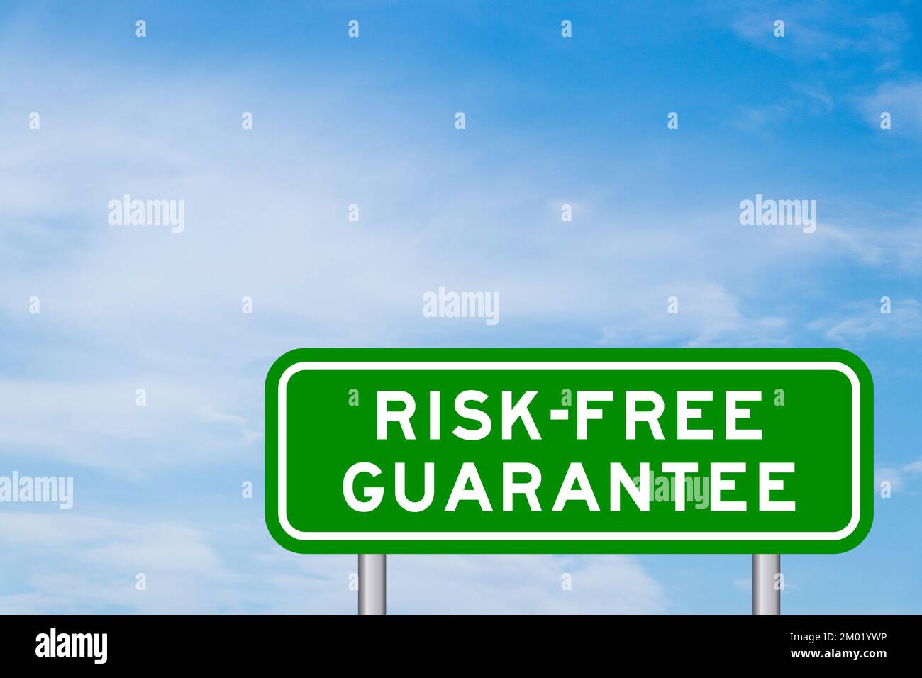 Green color transportation sign with word risk free guarantee on blue ...