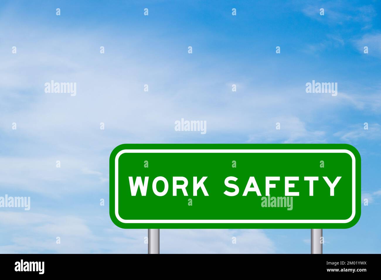 Green color transportation sign with word work safety on blue sky with ...