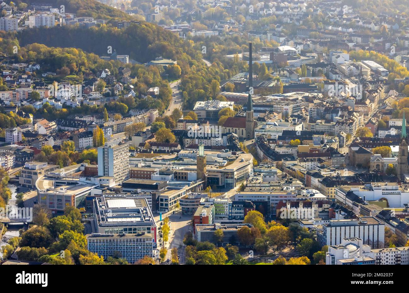 Aerial view, city, downtown view with Volme Gallery and city hall tower ...