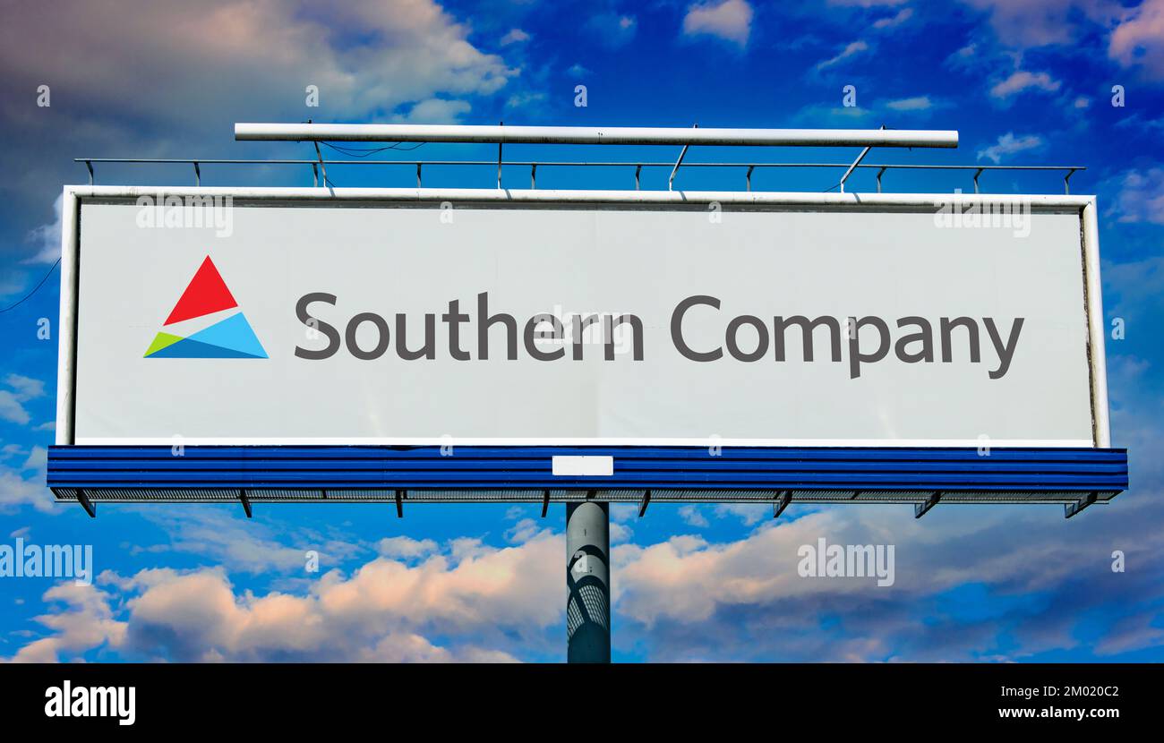 POZNAN, POL - JUL 20, 2022: Advertisement billboard displaying logo of ...