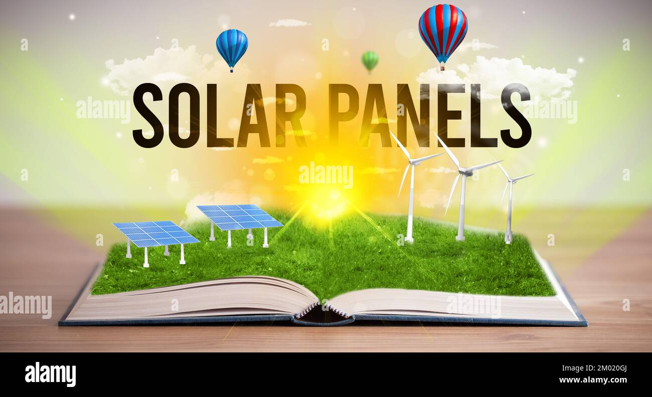 Open book, renewable energy concept Stock Photo - Alamy