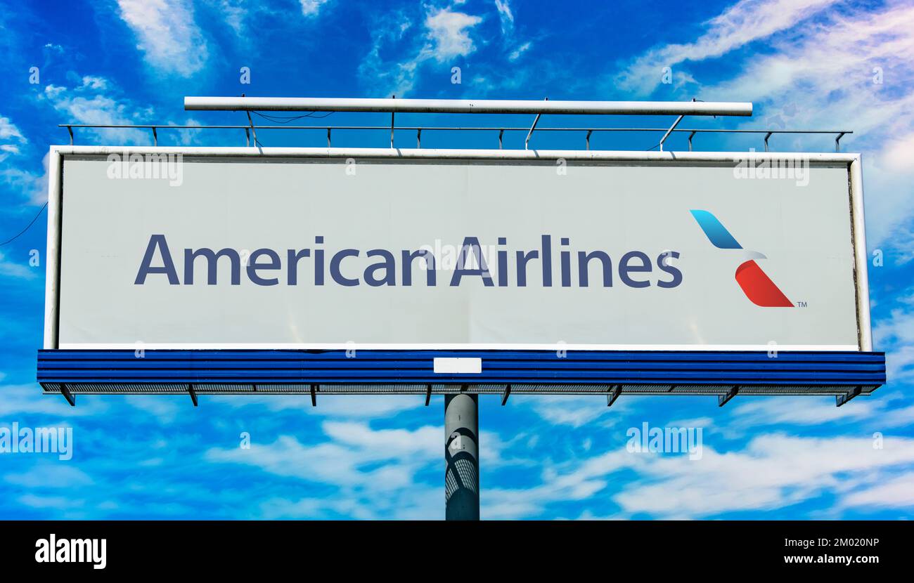 POZNAN, POL - JUN 28, 2022: Advertisement billboard displaying logo of ...