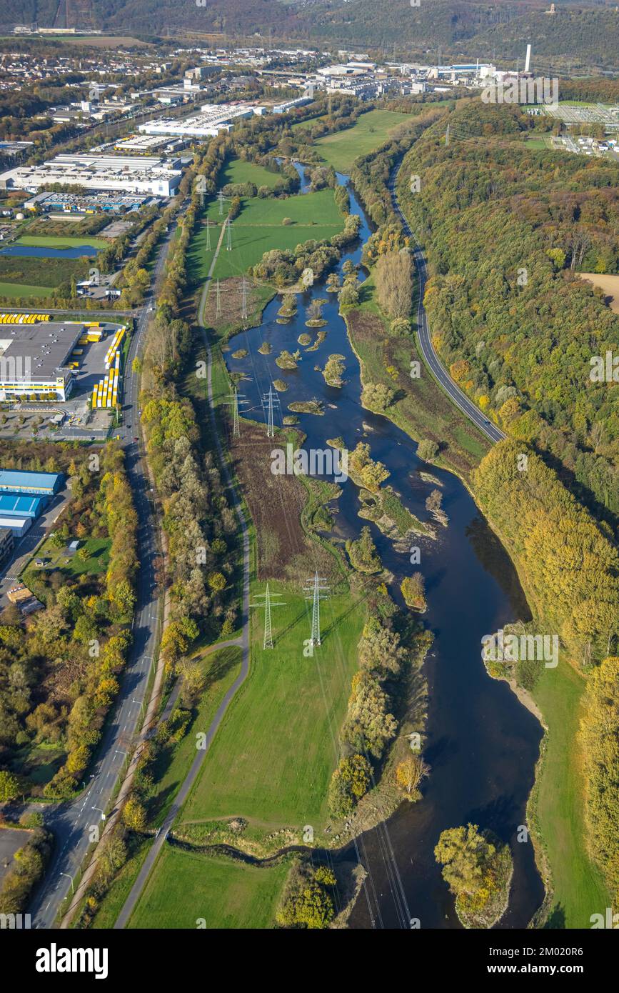 Aerial view, river Lenne renaturation, Lenne floodplain, autumn colors ...