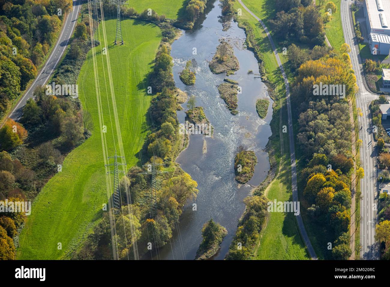 Aerial view, river Lenne renaturation, Lenne floodplain, autumn colors ...