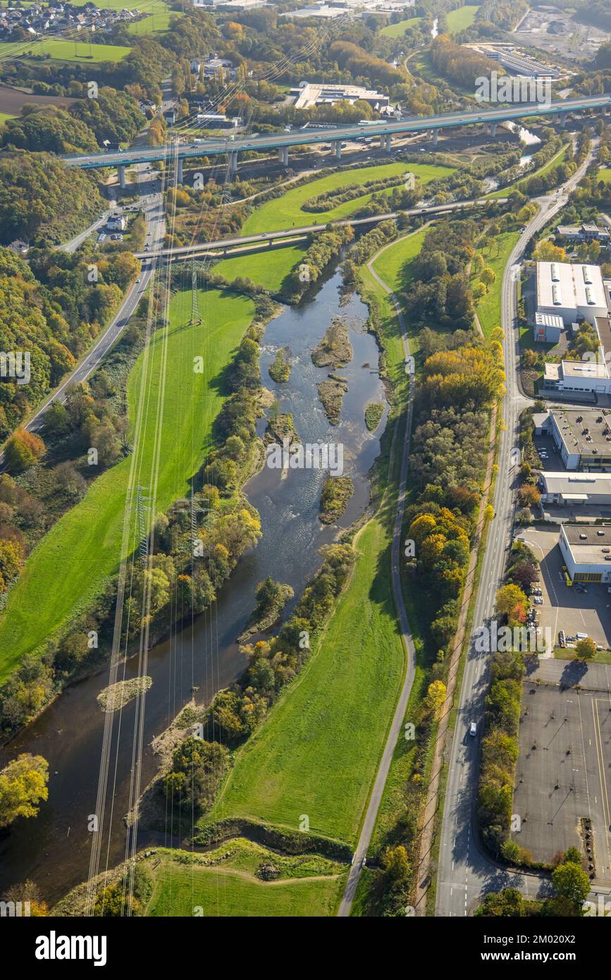 Aerial view, river Lenne renaturation, Lenne floodplain, autumn colors ...