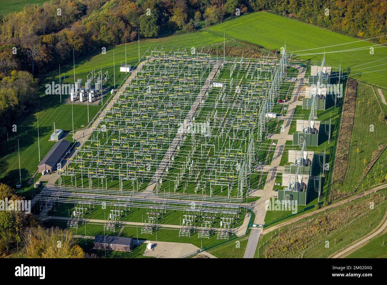 Aerial view, power line and substation Garenfeld in Boele district in ...