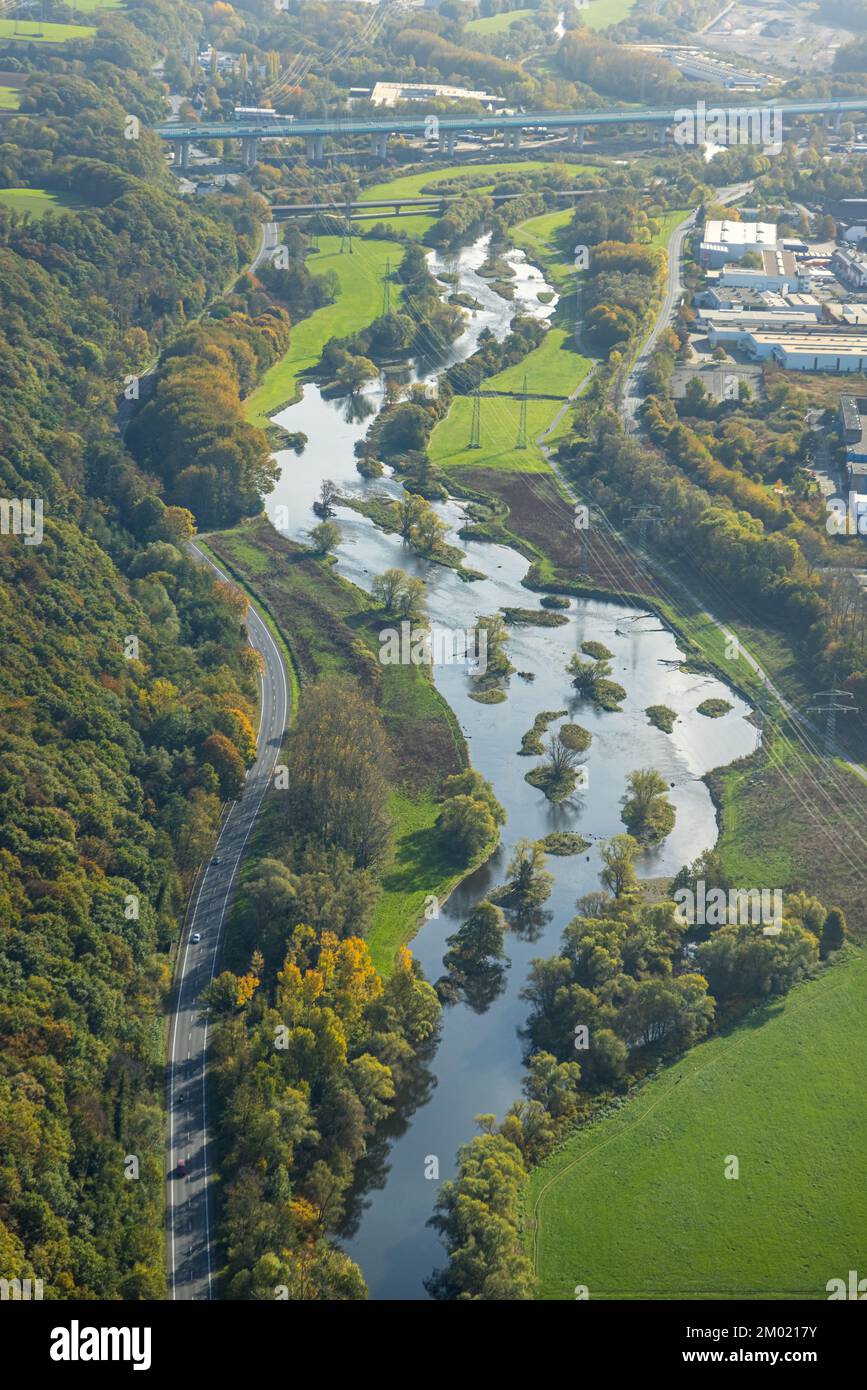 Aerial view, river Lenne renaturation, Lenne floodplain, autumn colors ...
