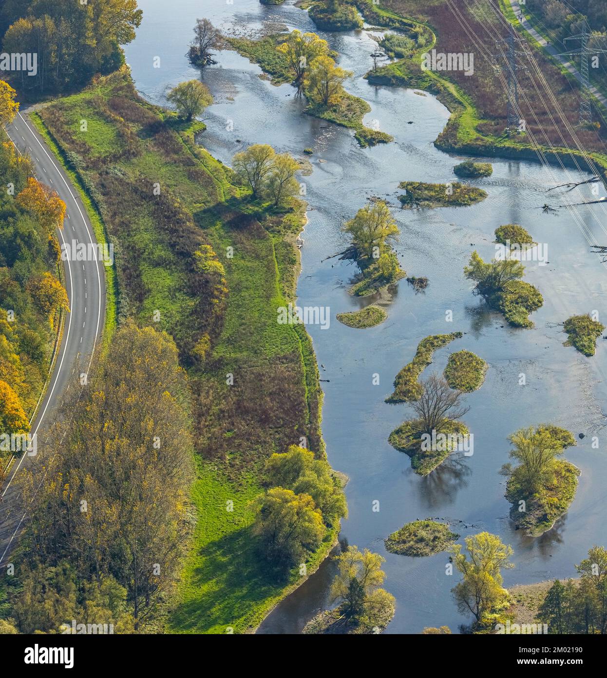 Aerial view, river Lenne renaturation, Lenne floodplain, autumn colors ...