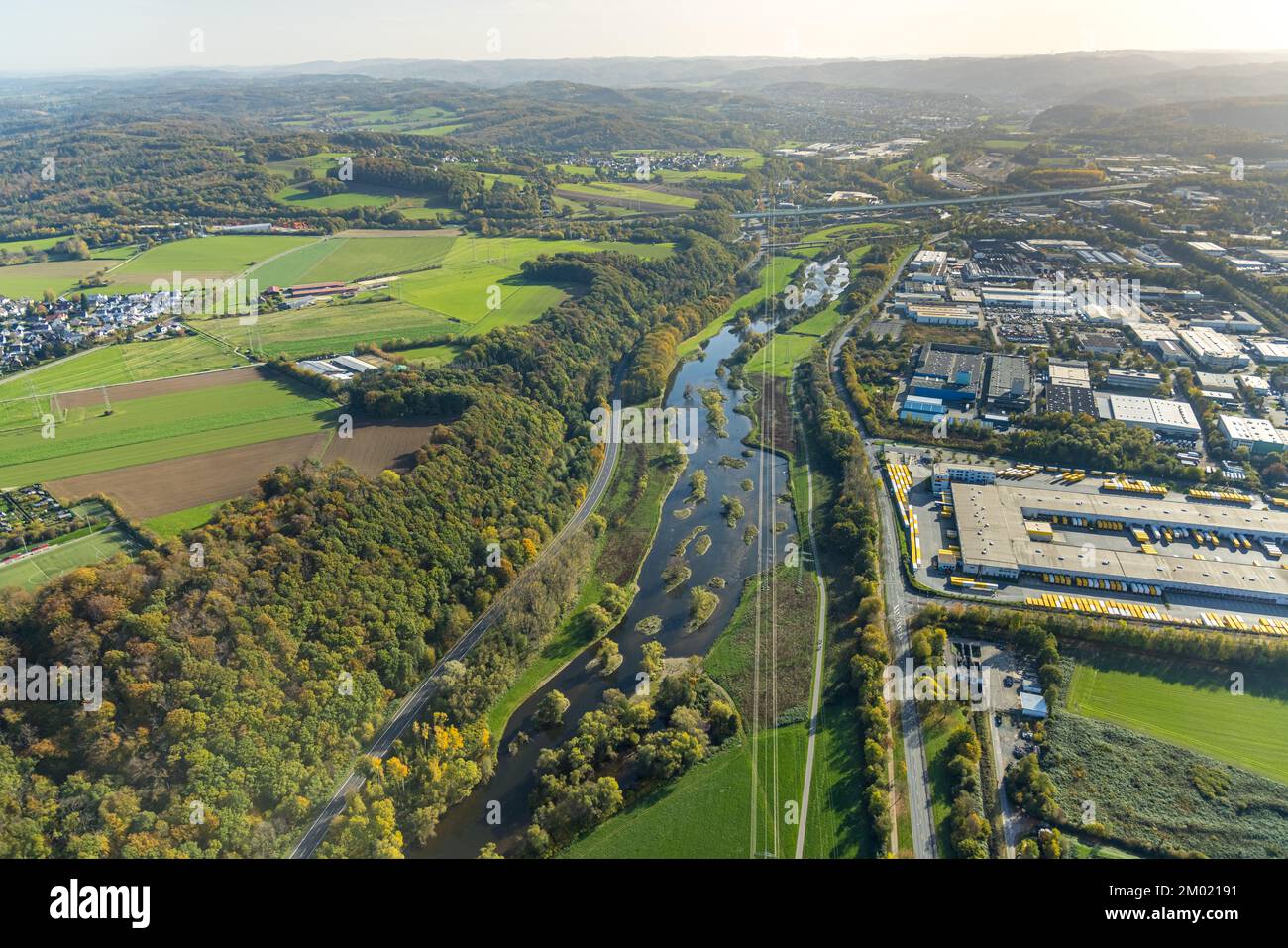 Aerial view, river Lenne renaturation, Lenne floodplain, autumn colors ...