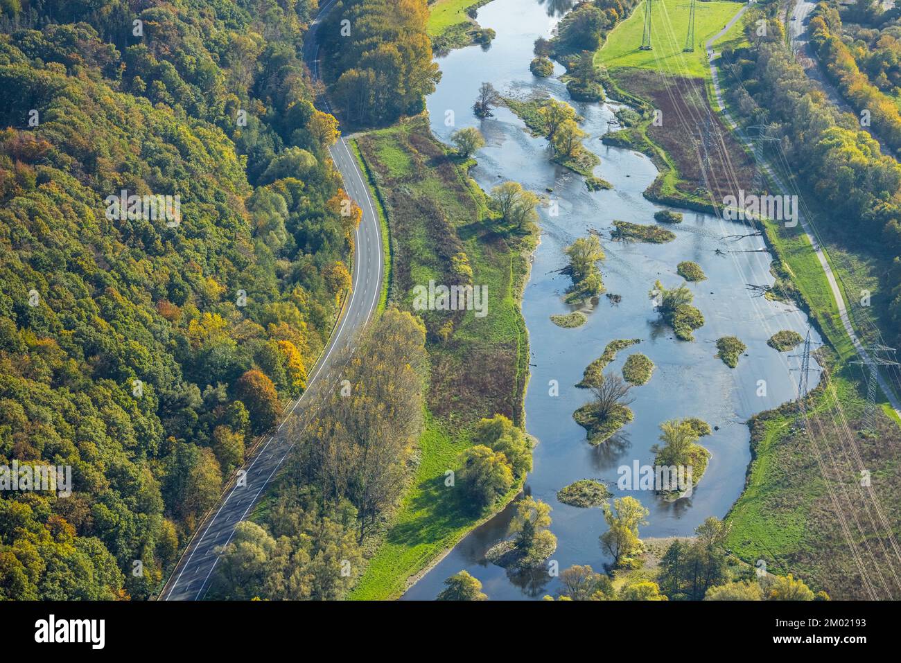 Aerial view, river Lenne renaturation, Lenne floodplain, autumn colors ...