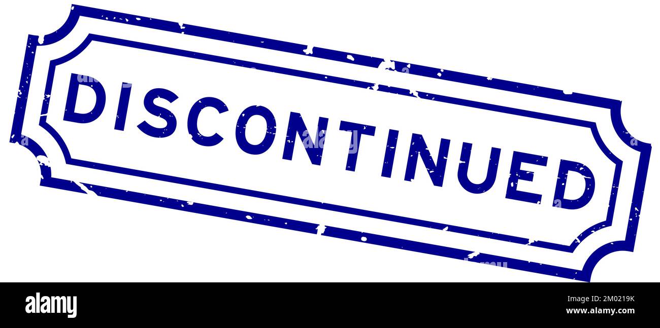 Grunge blue discontinued word rubber seal stamp on white background ...